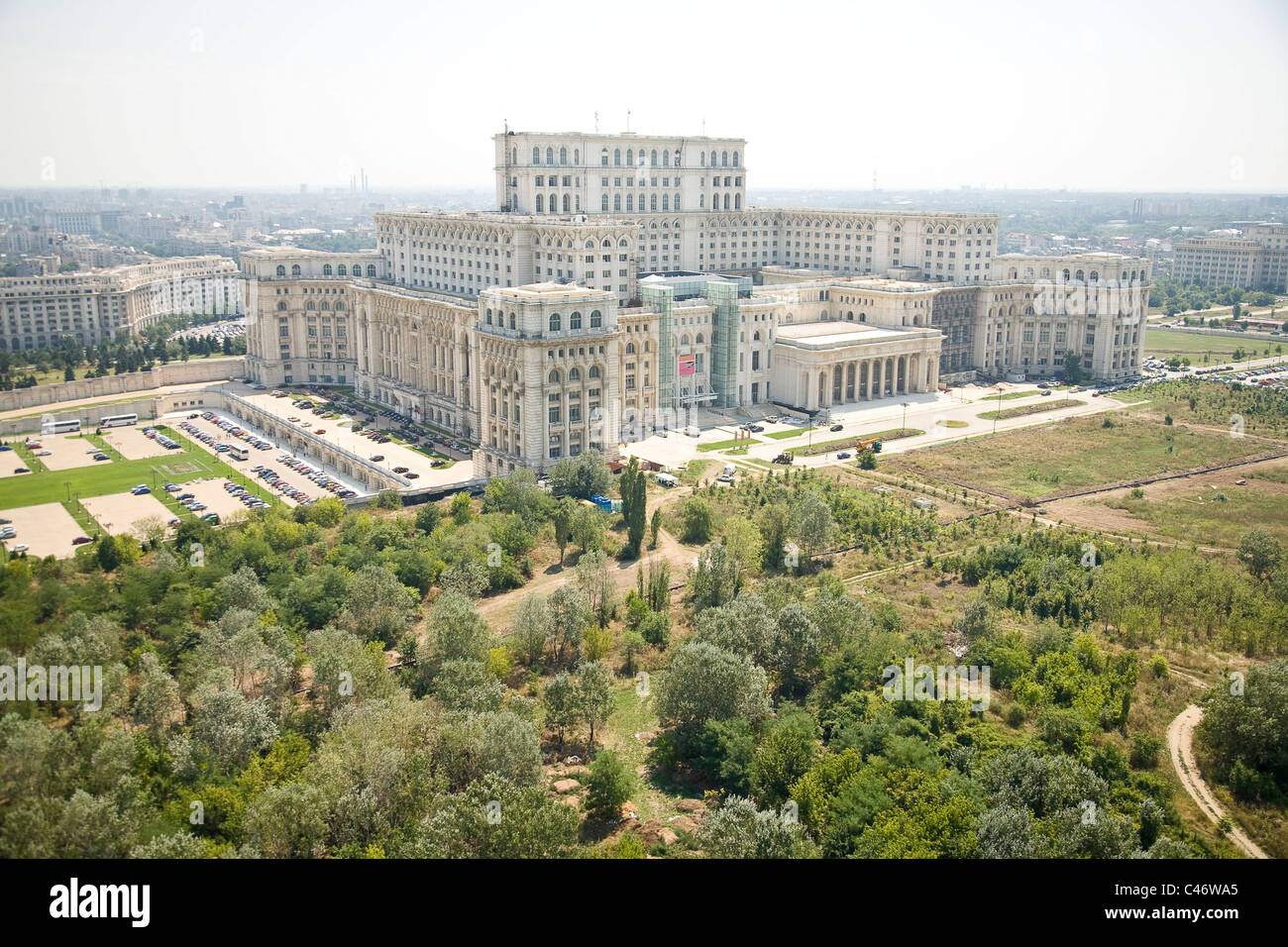 Aerial photograph of the Romanian Palace of Parliament in the city of ...