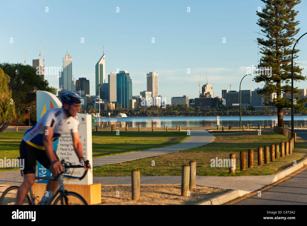 South Perth foreshore with city skyline in background. Perth, Western ...