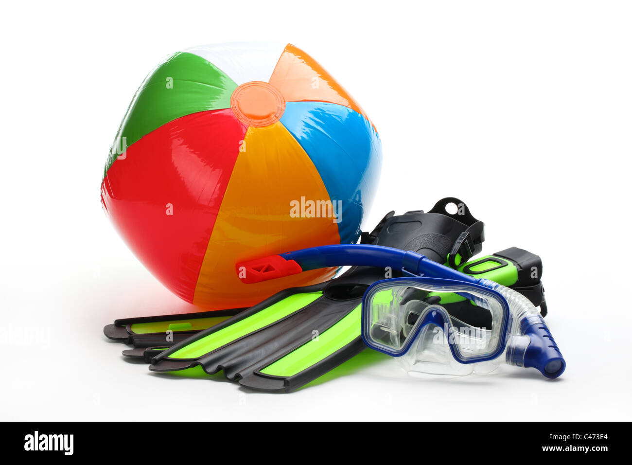 Diving equipment--Diving goggles,snorke,flippers and ball on white ...