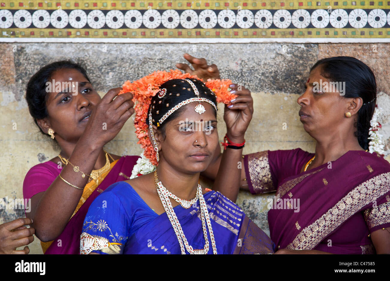 Women putting a traditional garland to a bride. Madurai. Tamil Nadu ...