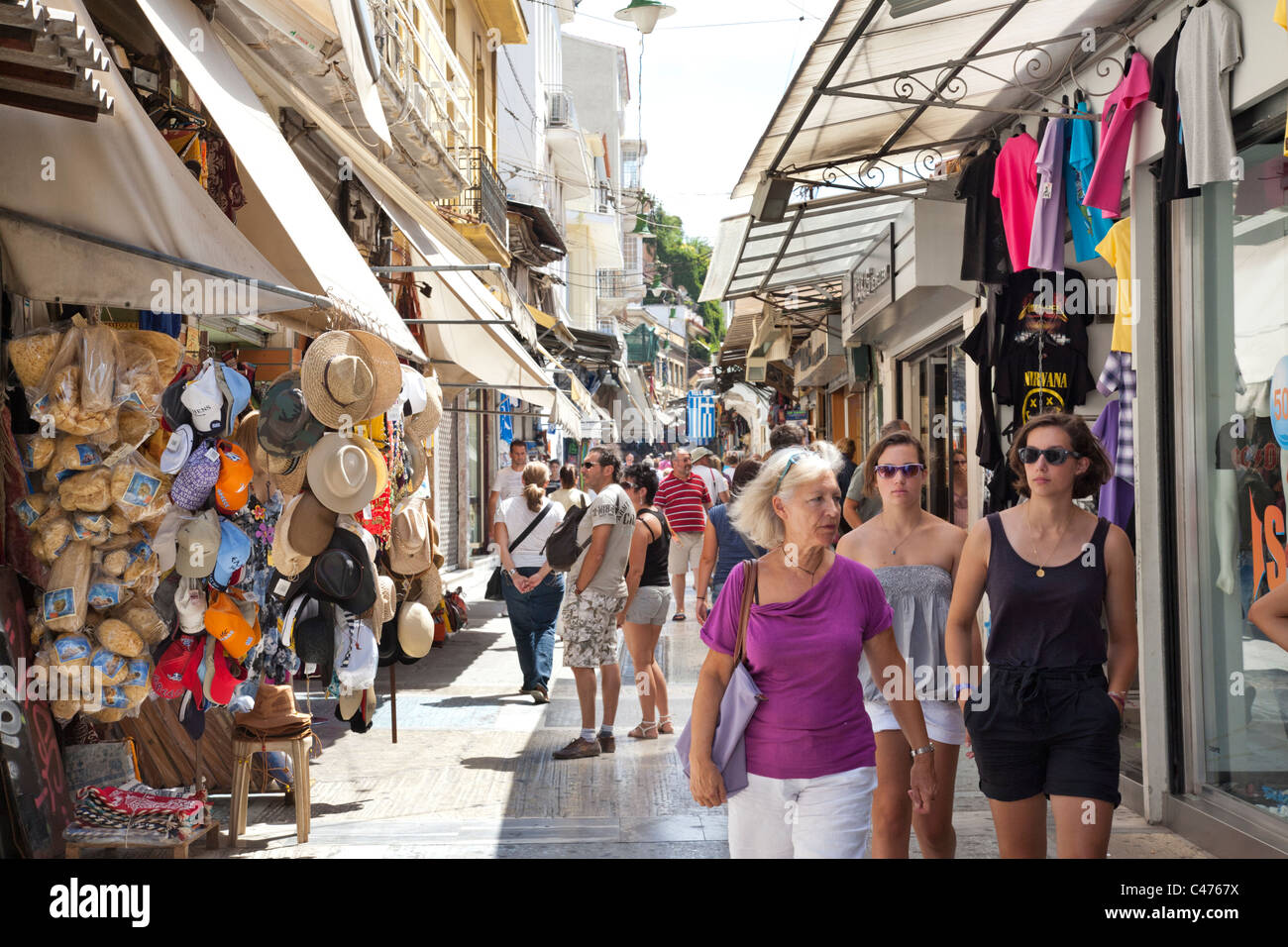Shopping along Pandrossou Street, Central Bazaar, Monastiraki, Athens Greece Stock Photo - Alamy