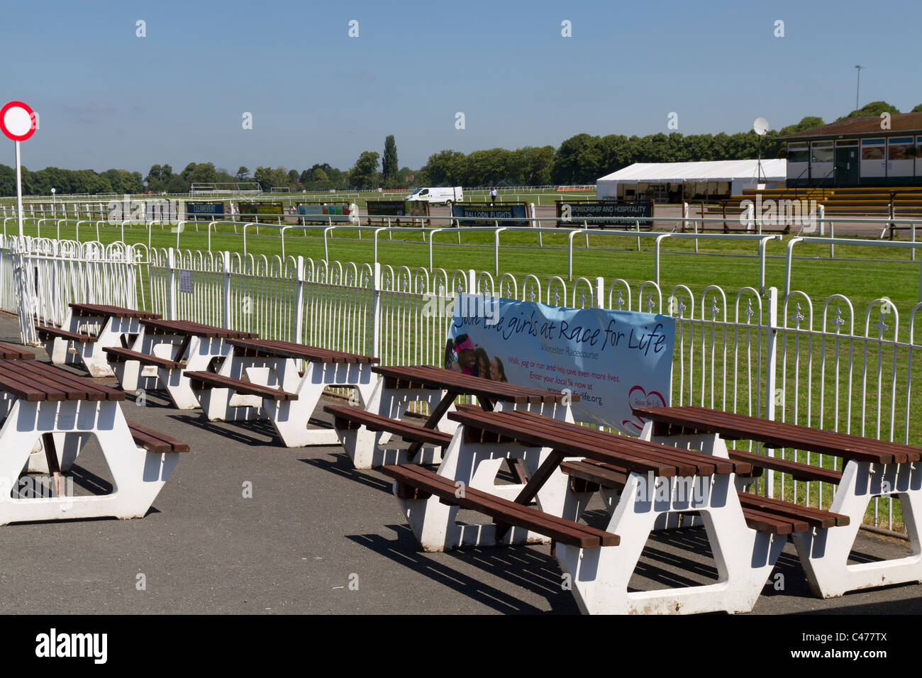 Outside seating on Worcester Racecourse Stock Photo - Alamy