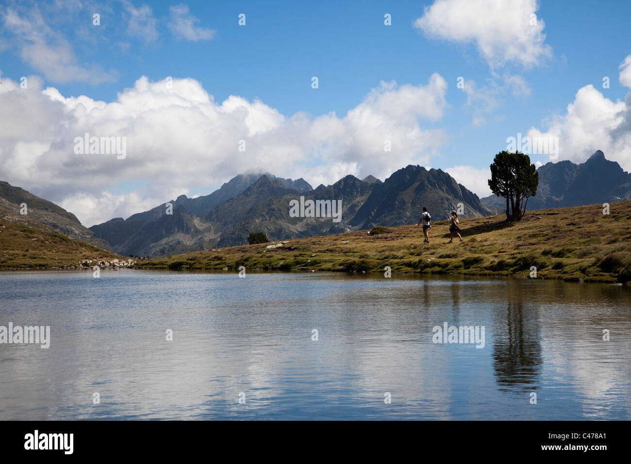 Two people walking alongside lake on the Asses de les Salamandres walk ...