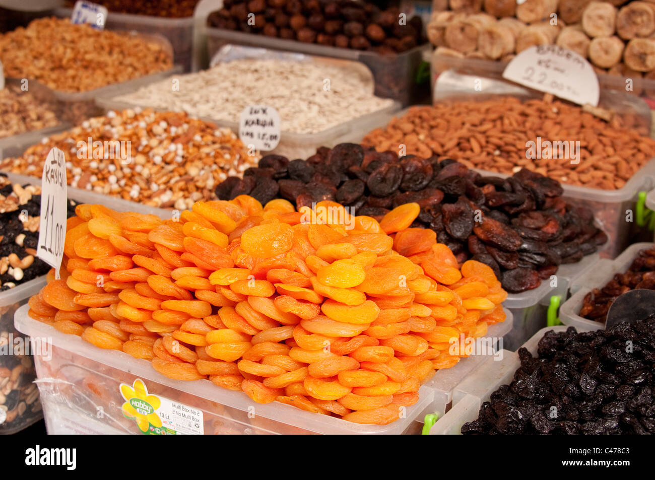 Dried apricots and other fruits and nuts, market, Istanbul, Turkey ...