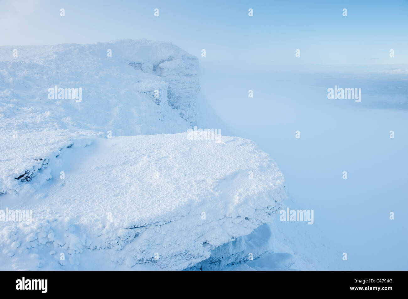 Frozen summit of Corn Du in winter, Brecon Beacons national park, Wales ...