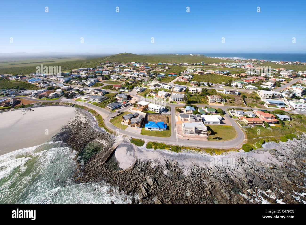 Aerial view over the West Coast town of Yzerfontein north of Cape Town ...