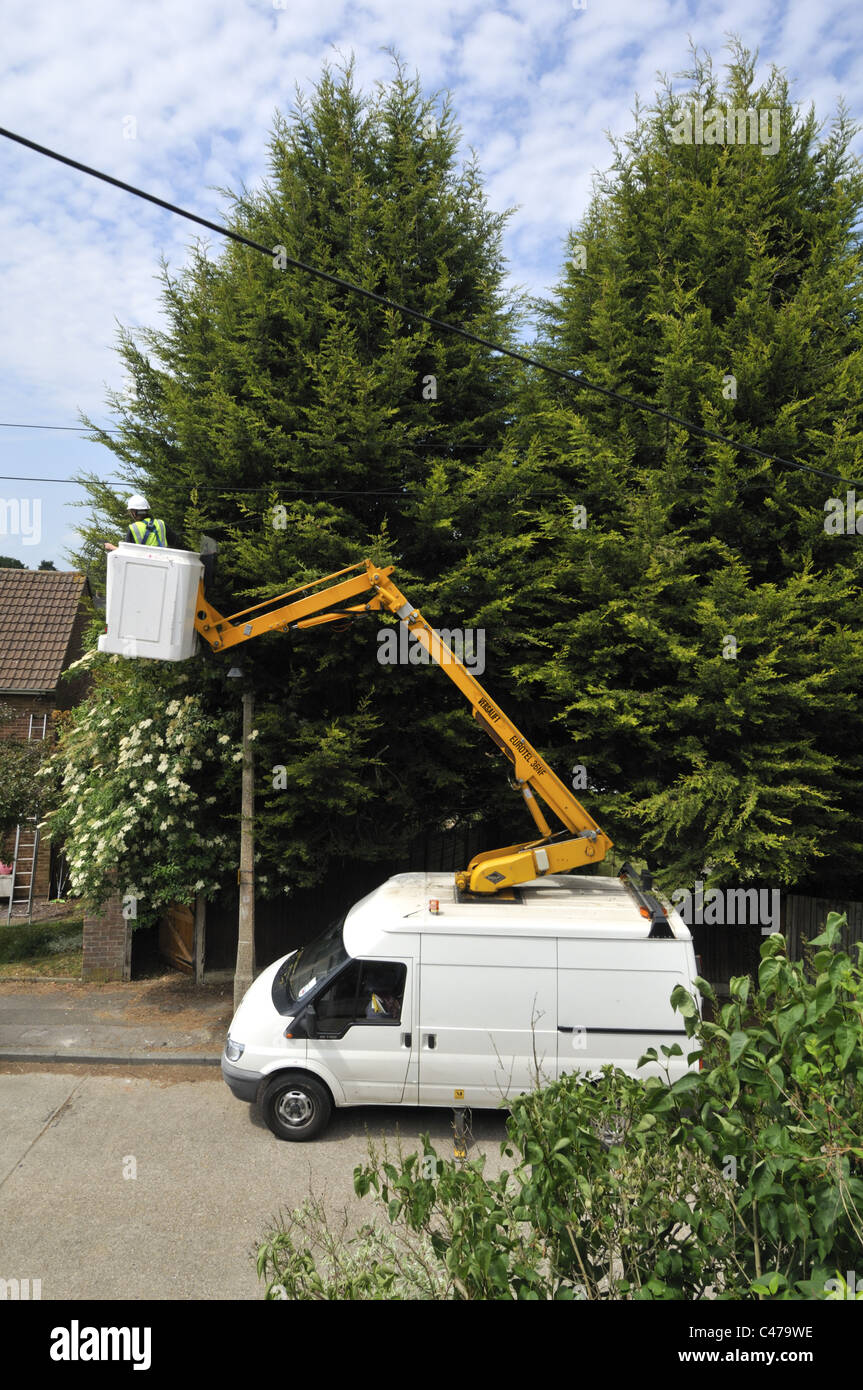 BT engineer replacing tree damaged telephone cable using a mobile hoist ...