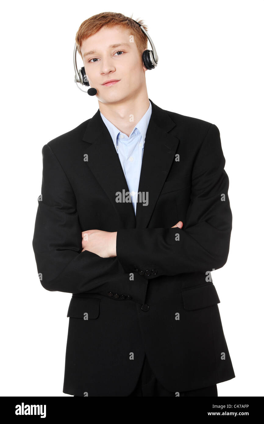 Charming customer service representative with headset on isolated on ...