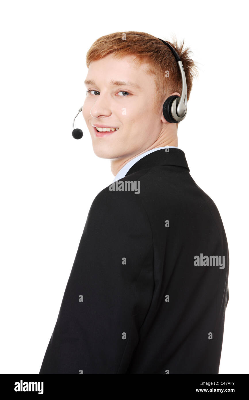 Charming customer service representative with headset on isolated on ...