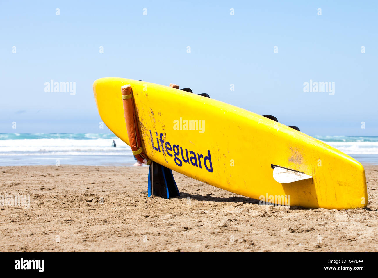 Lifeguard surfboard on a beach in Cornwall Stock Photo - Alamy