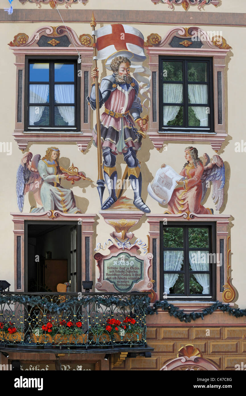 house facade and window decorated with traditional painting in Bavaria ...
