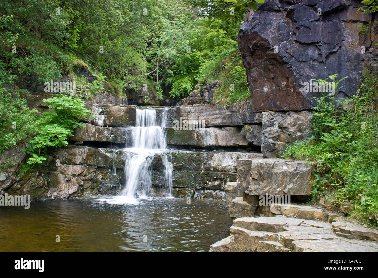 Waterfall near Gibsons Cave, Bowlees, Teesdale, County Durham Stock ...