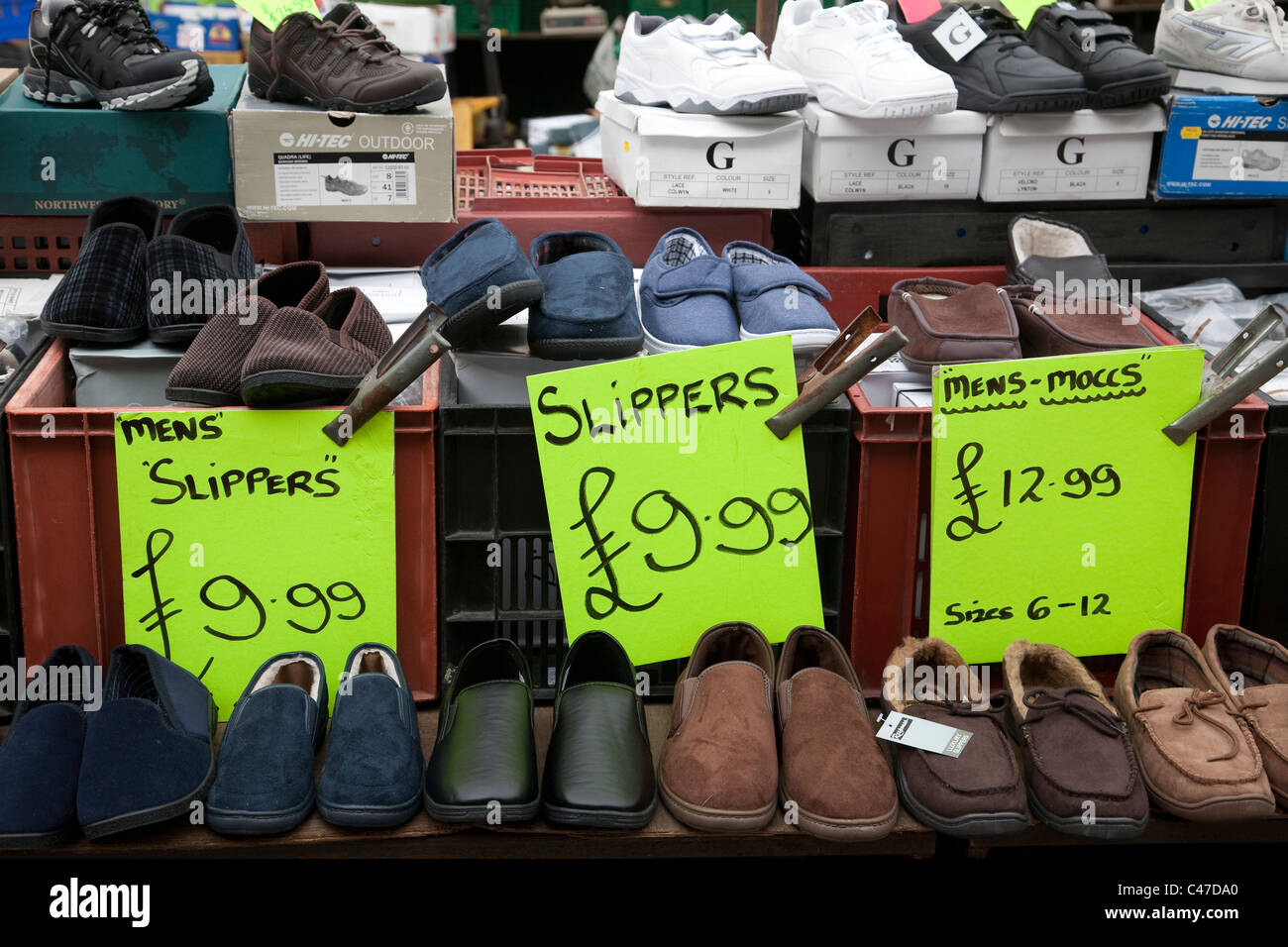 Mens slippers for sale on a English town market stall. Photo:Jeff ...