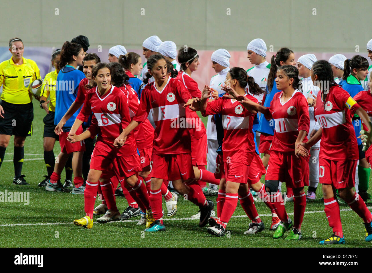 Turkish players celebrating after winning the opening match against ...