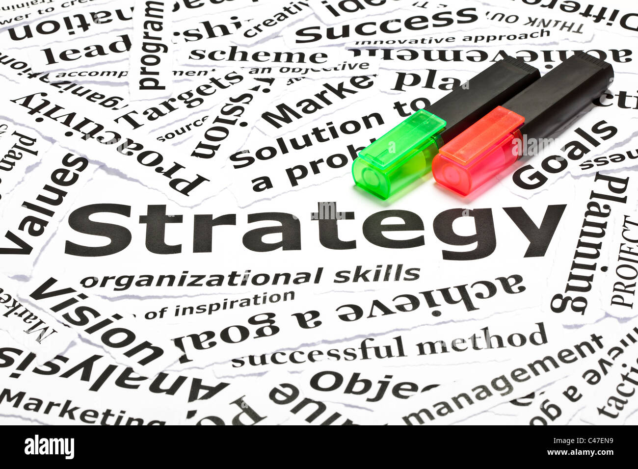 'Strategy' concept with many other related words and two text markers ...