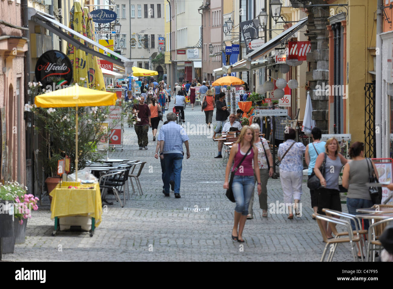 pedestrian zone of German city with shops in Bavaria, Germany Stock ...