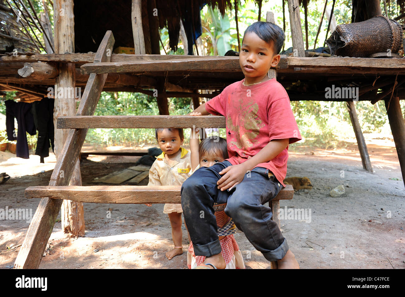 Three Bunong kids outside in Elephant Valley, Sen Monorom, Eastern ...