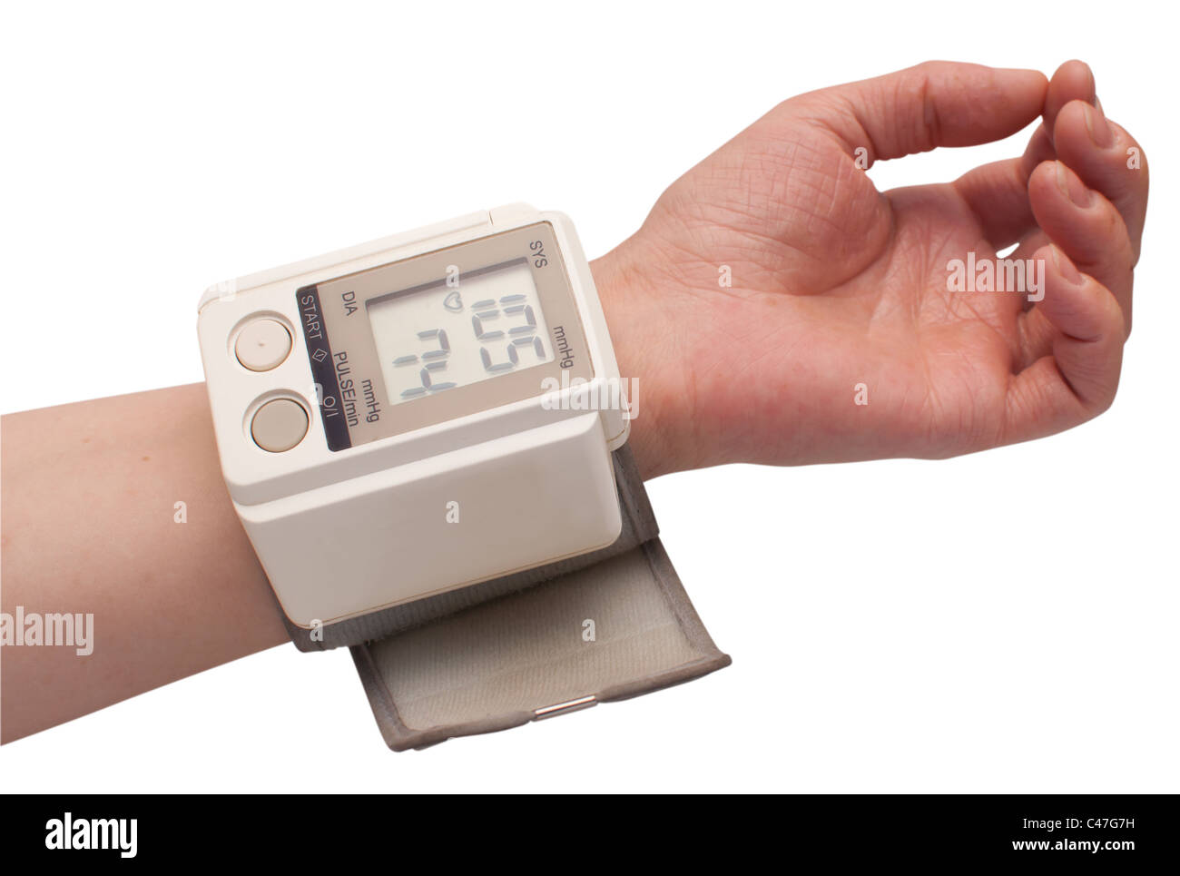 Measuring the Blood Pressure - Female Hand isolated on white - with ...