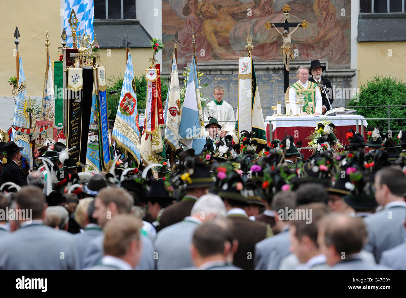 outdoor catholic mass on city place in Neubeuern, Bavaria, Germany ...