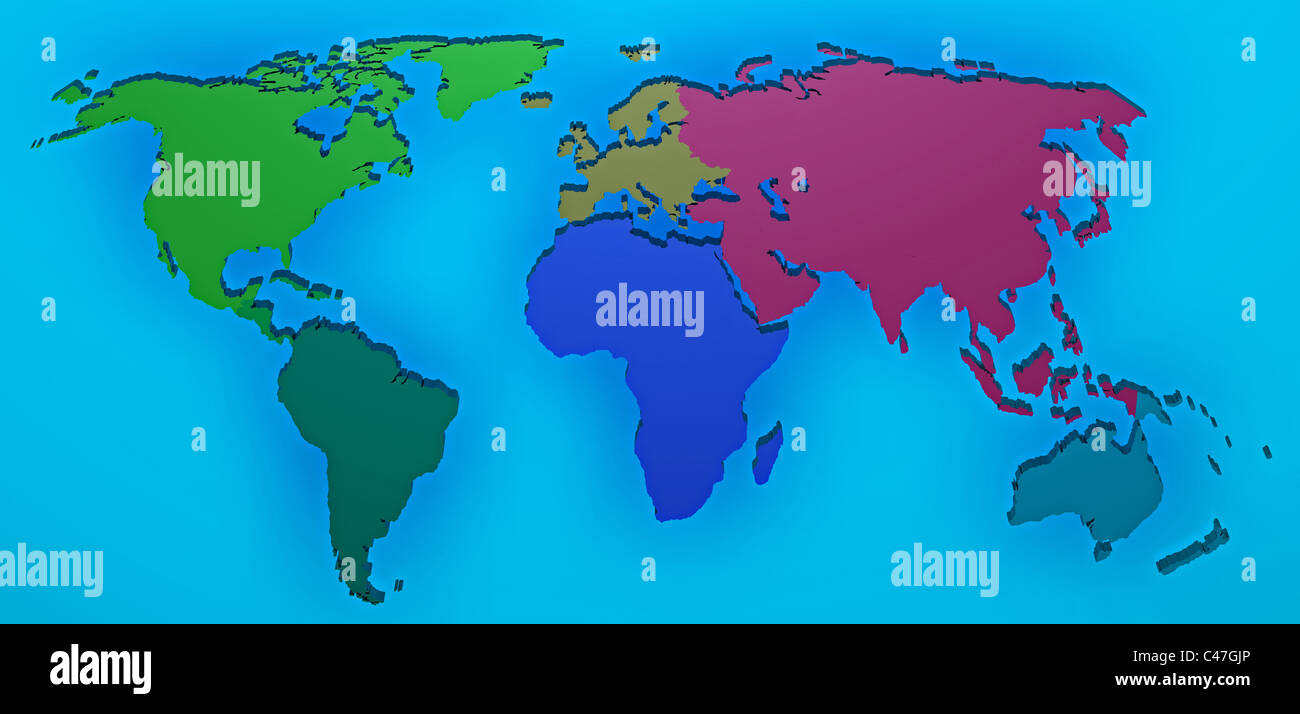 World map 3D render with the different continents Stock Photo - Alamy