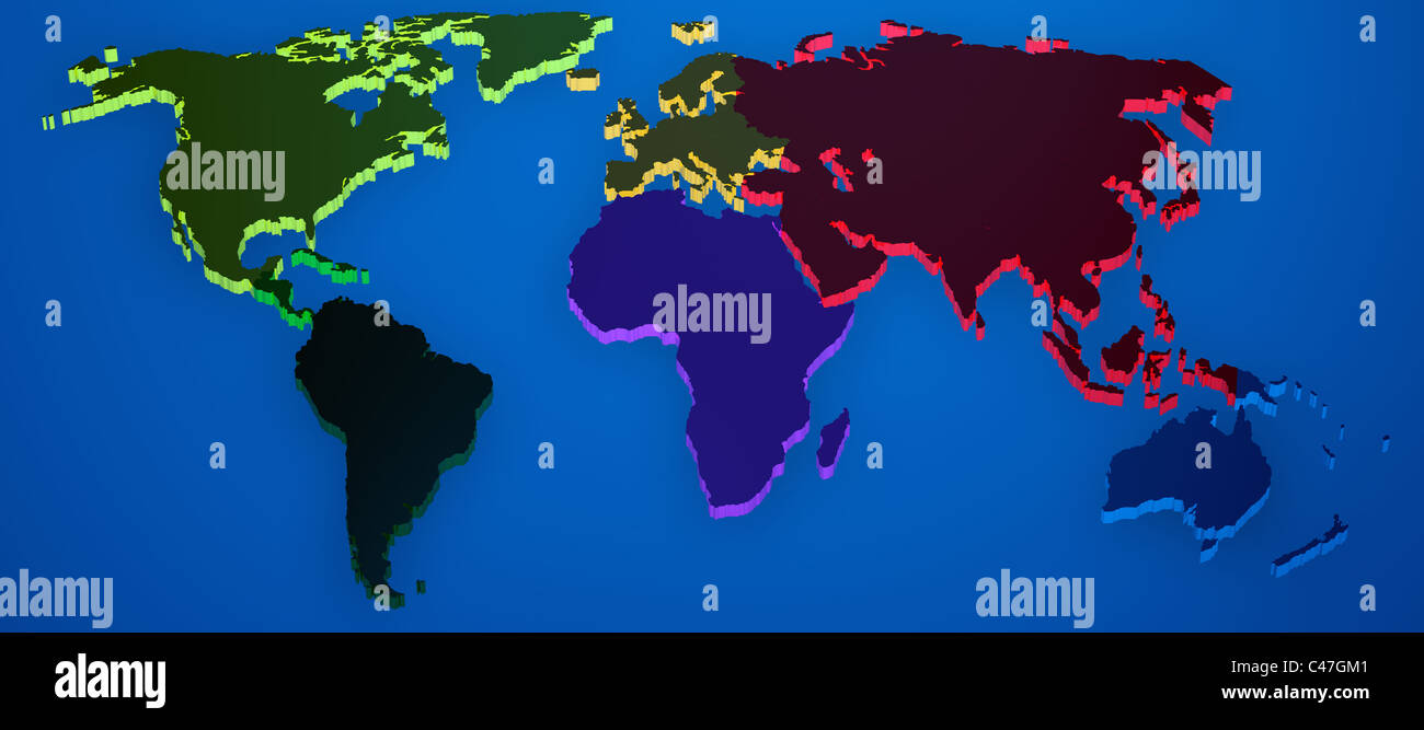 World map 3D render with the different continents Stock Photo - Alamy