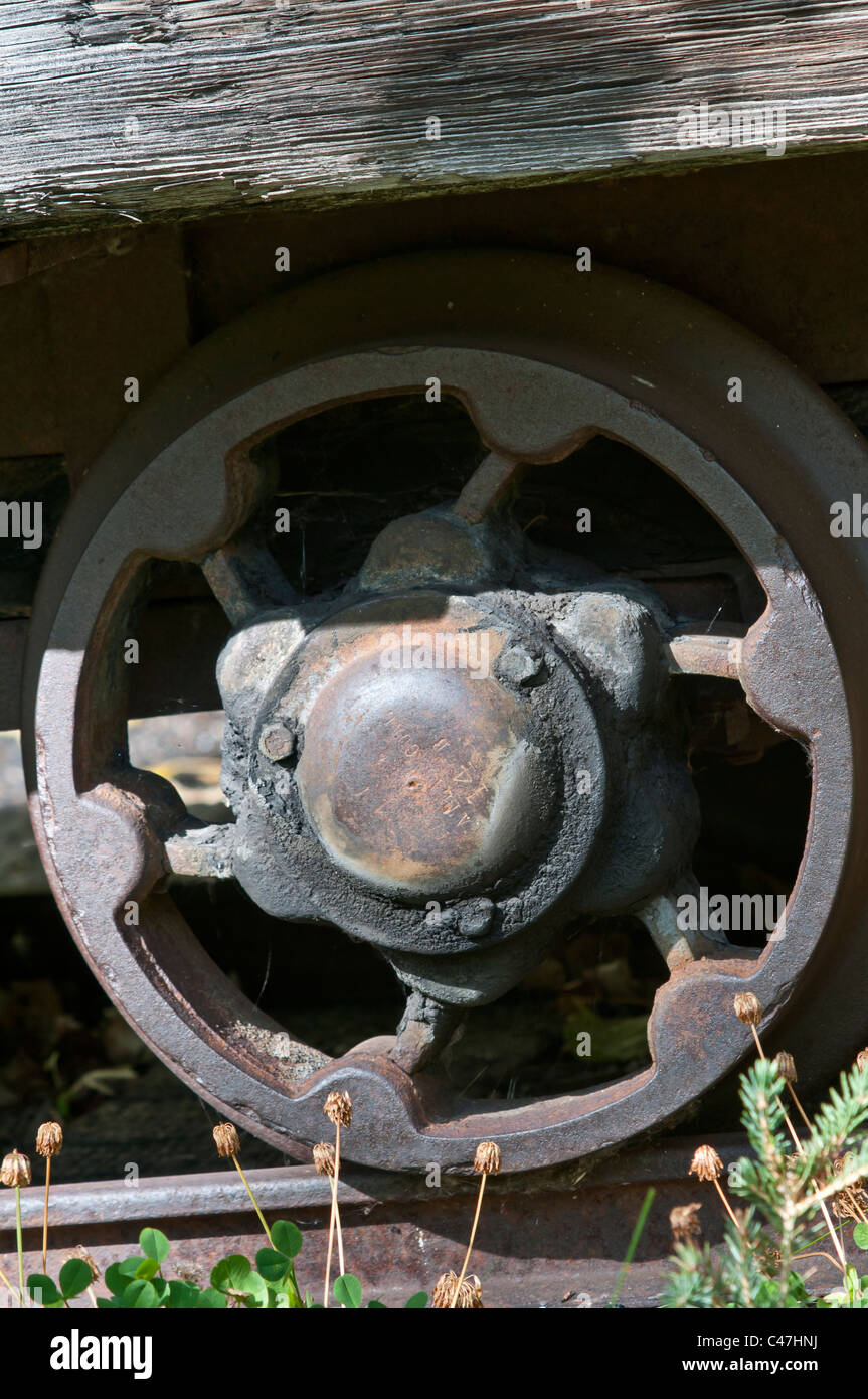 Wheel of a coal car in Lower Bankhead near Banff, Alberta in western ...