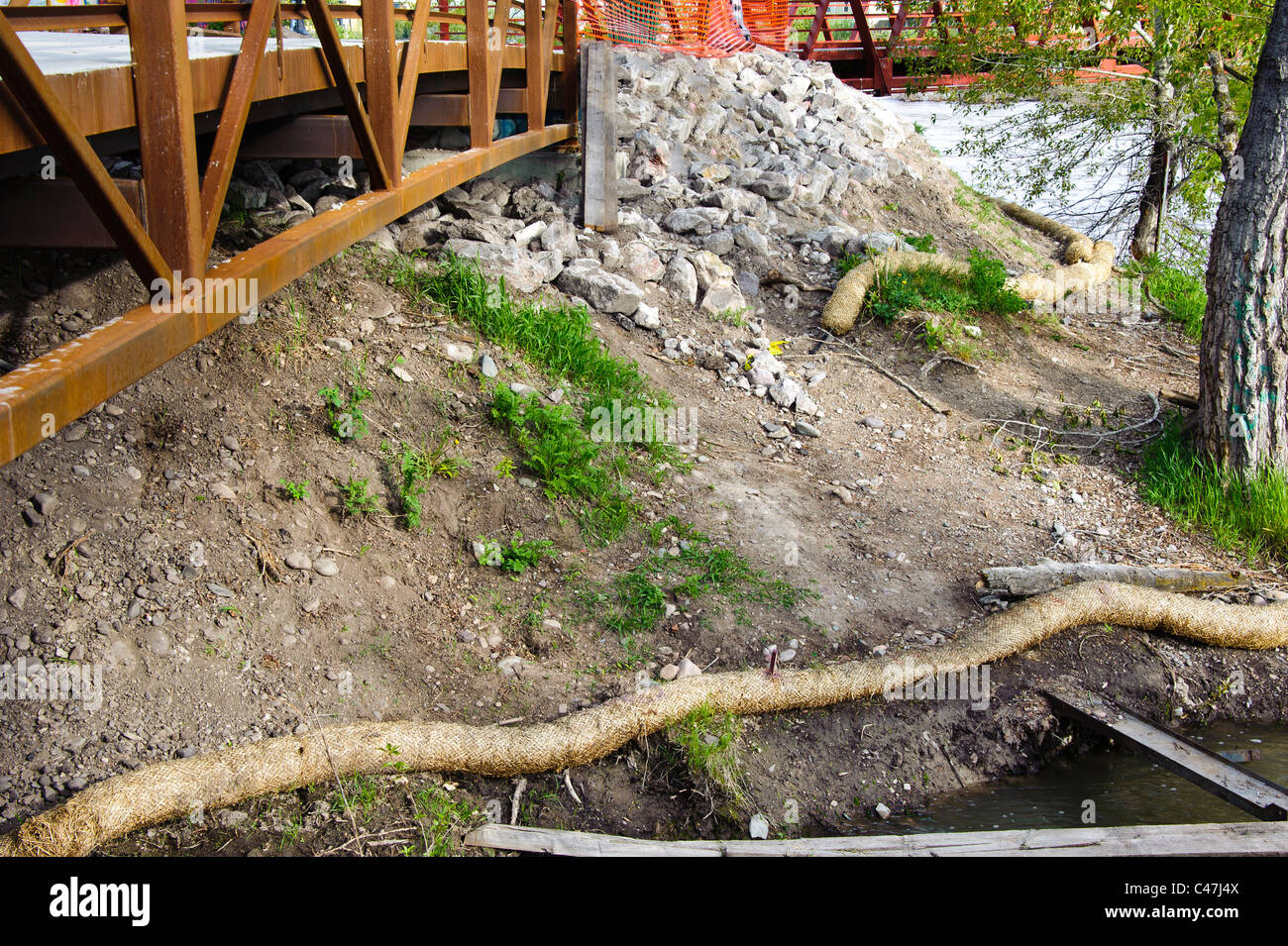 Coconut coir has been placed at the edge of a stream to revegetate the ...