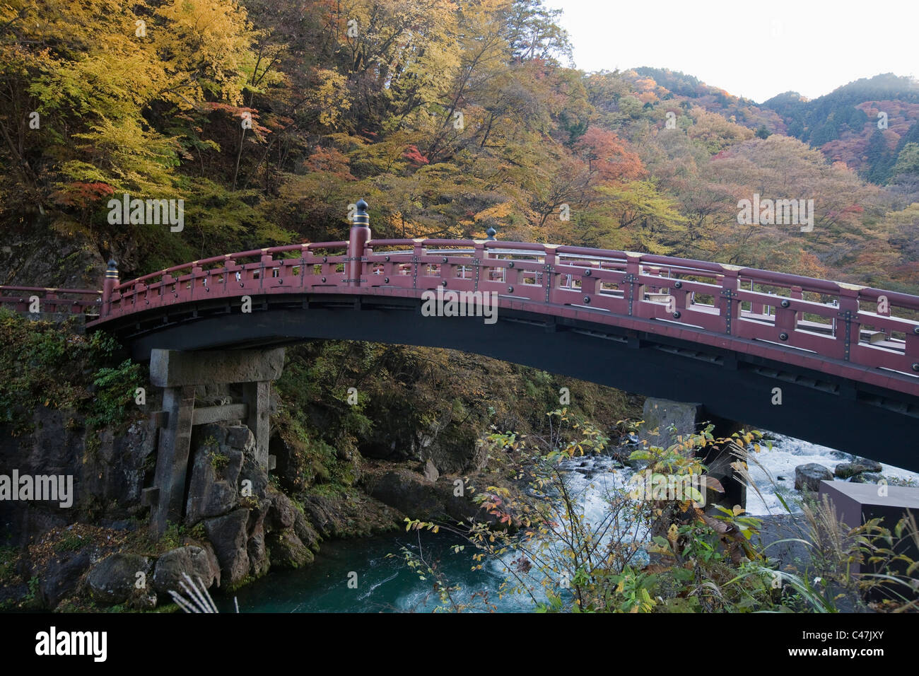 Shin-kyo, red sacred bridge spanning the Daiya River, whose support ...