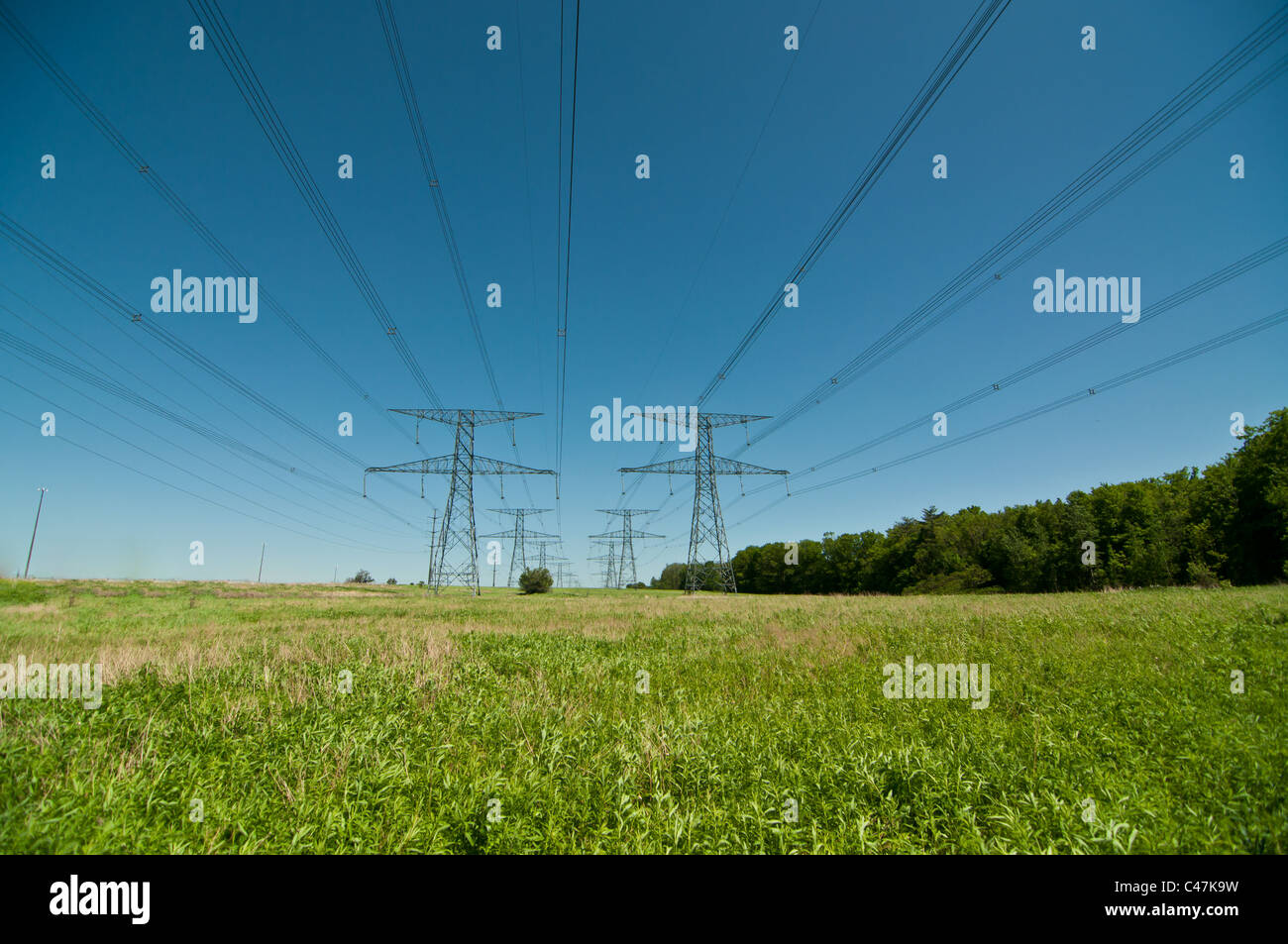 A long line of electrical transmission towers carrying high voltage ...