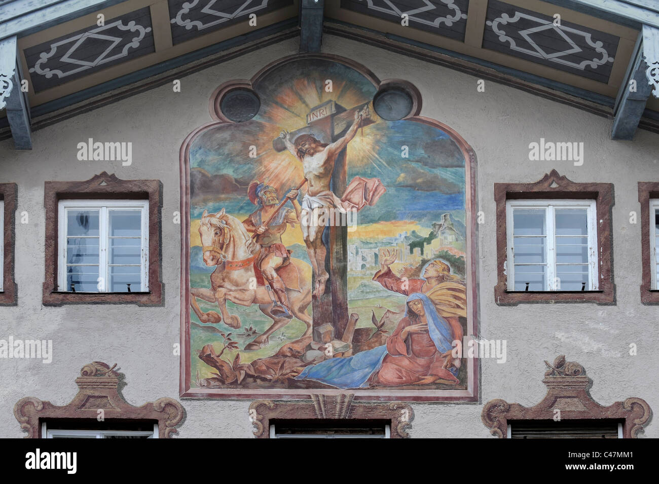 house facade and window decorated with traditional painting in Bavaria ...