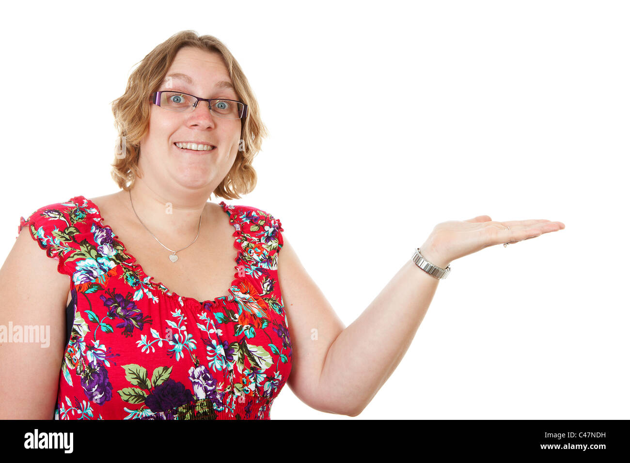 woman with open hand and pointing over white background Stock Photo - Alamy