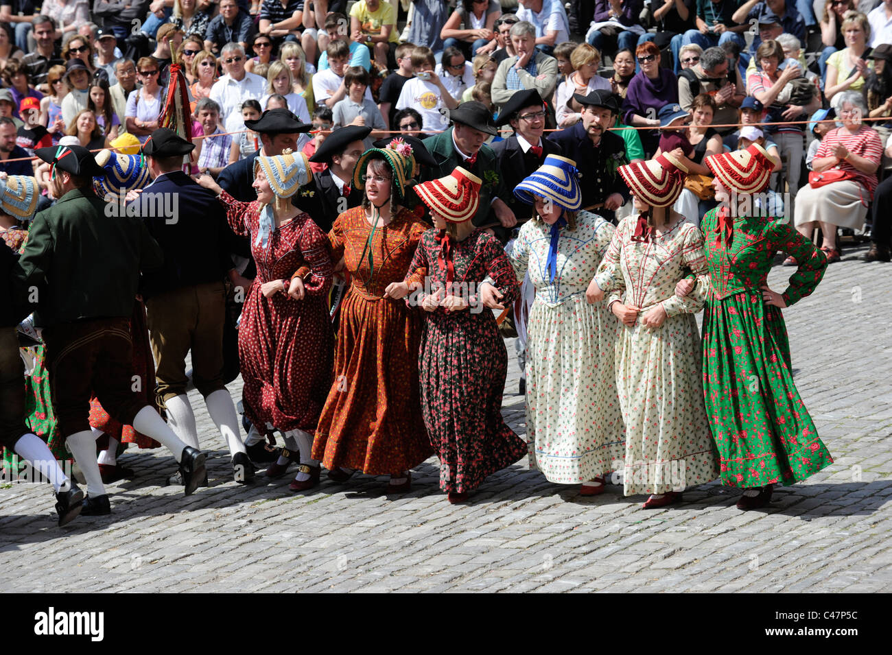 medieval festival parade Meistertrunk in ancient old city Rothenburg ob ...