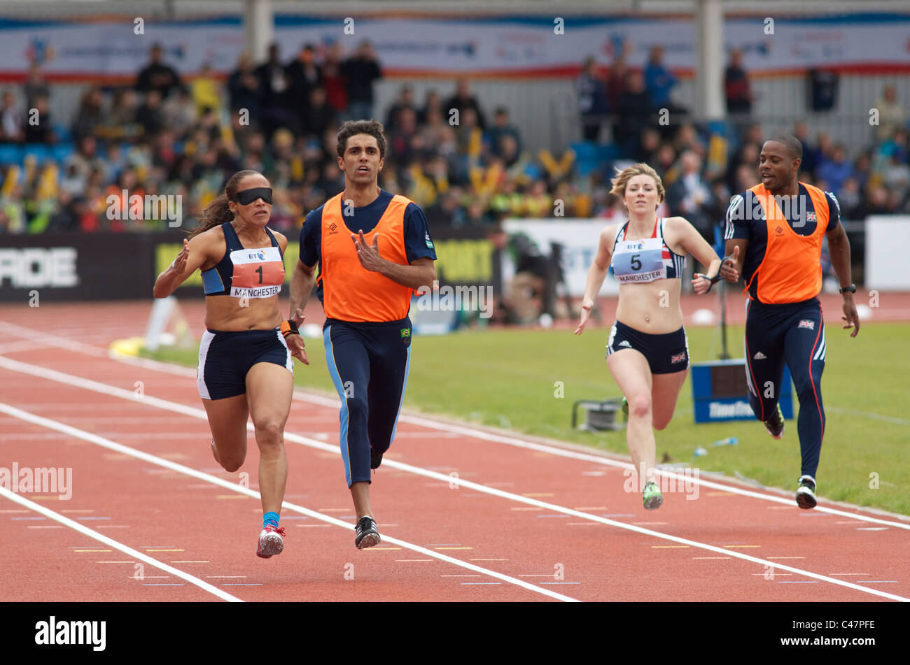 blind runners with their eyes at paralympic world cup, manchester, may ...