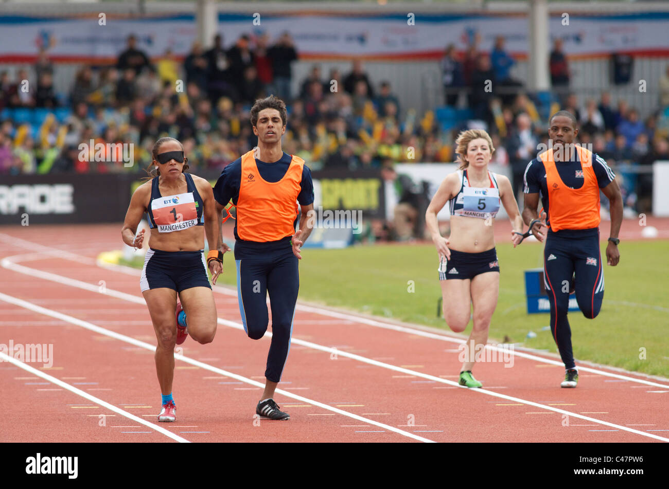 blind runners with their eyes at paralympic world cup, manchester, may ...