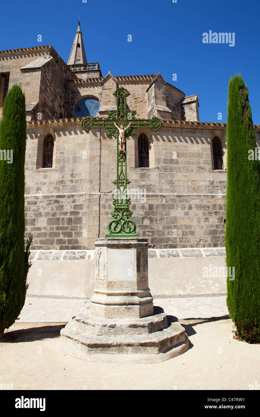Typical French church with cross against blue sky Stock Photo - Alamy