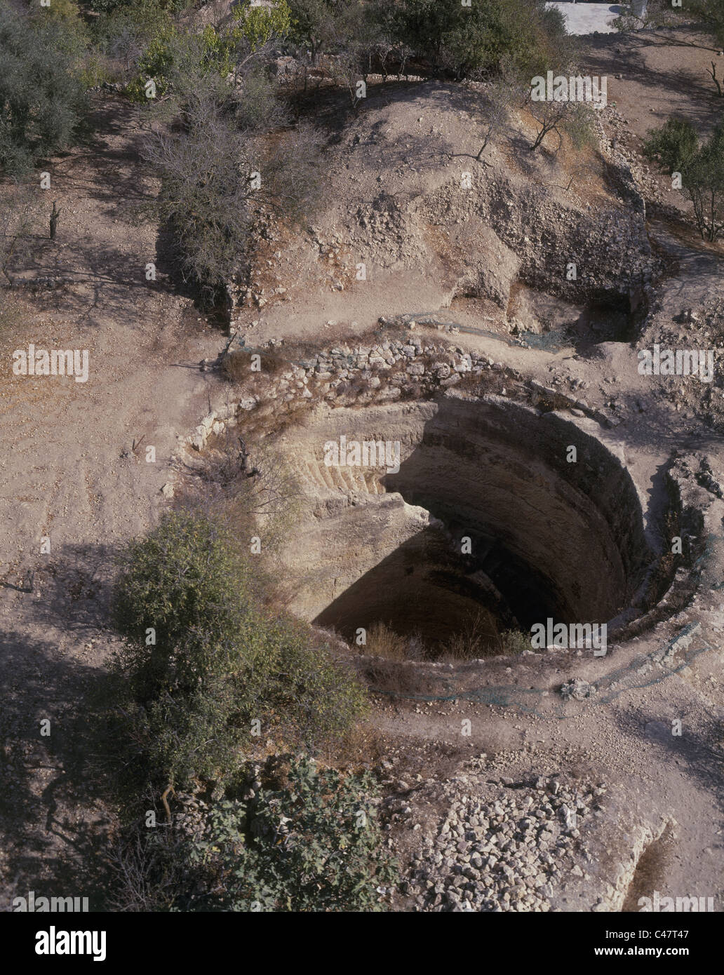 Aerial photograph of an ancient water pool in the biblical village of ...