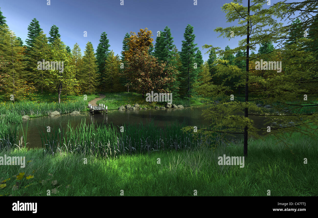 Small Woodland Lake with Jetty Stock Photo - Alamy