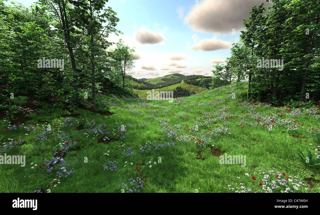 Countryside with meadows and hills Stock Photo - Alamy