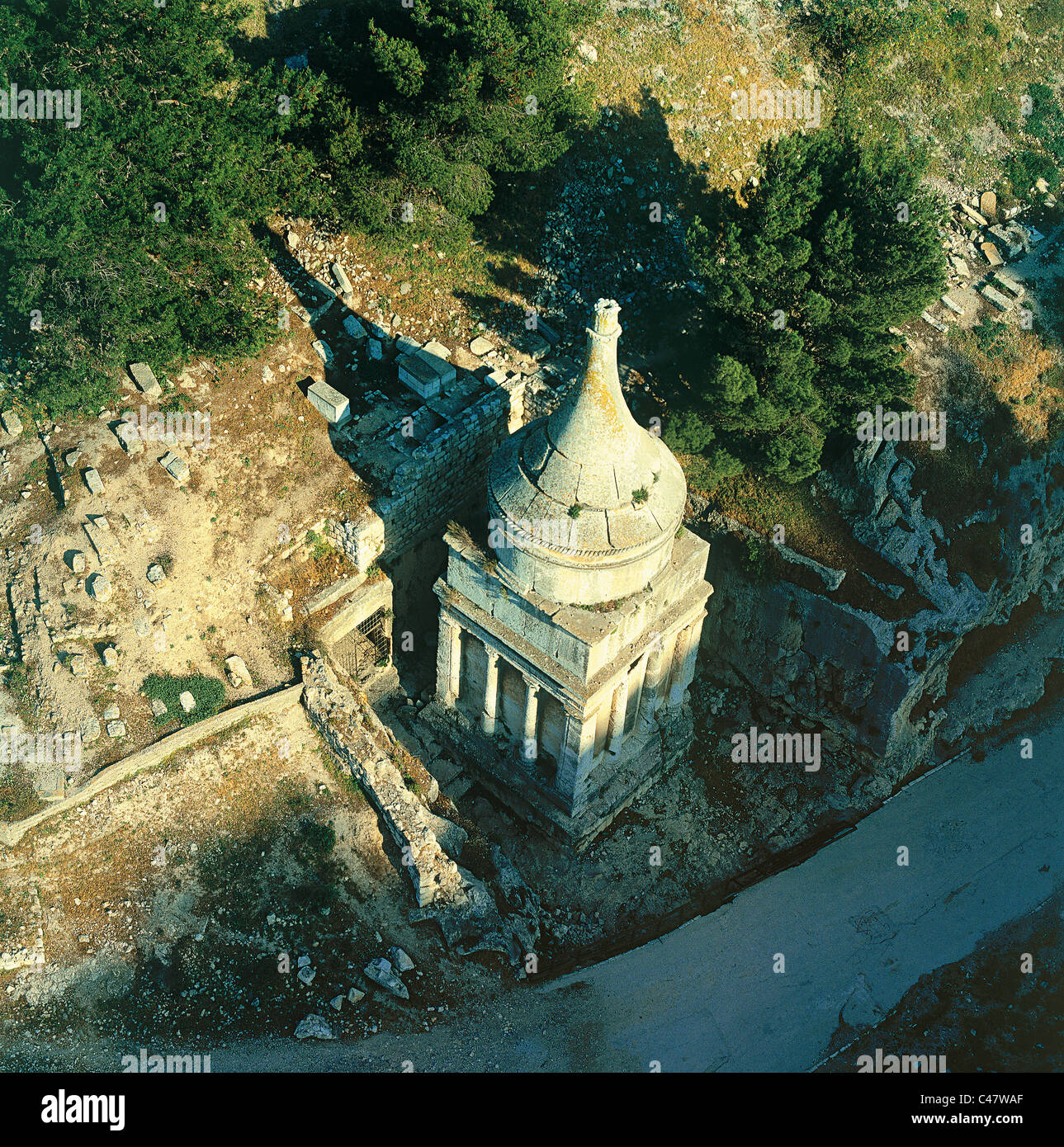 Aerial view of the traditional Tomb of Absalom in the Kidron valley ...