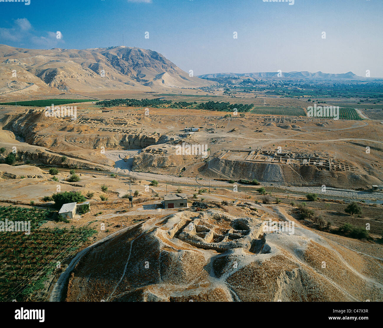 Aerial view of the ruins of the Herodian winter palaces in Jericho ...