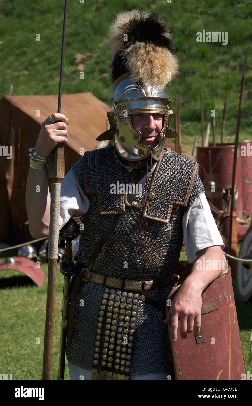 A Roman soldier of the LEG II AVG historical re-enactment group during ...