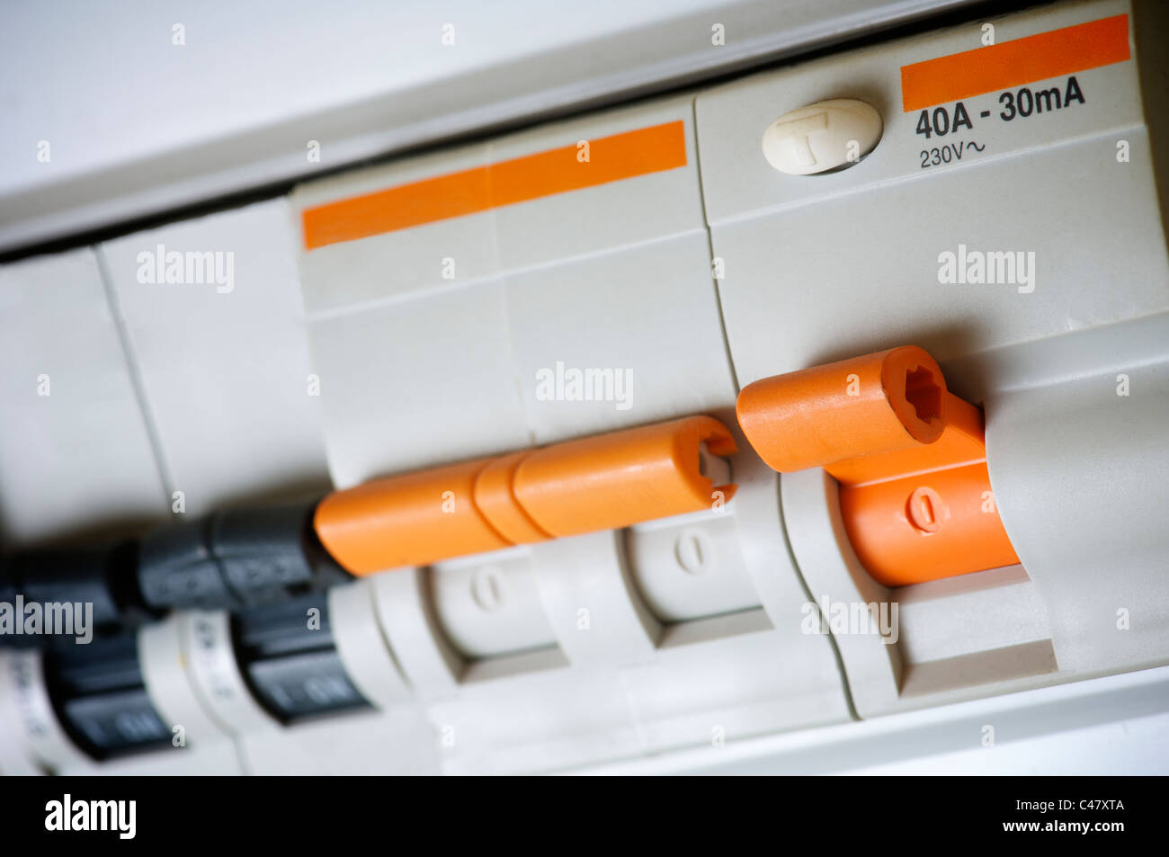 foreground of a circuit breaker in an electrical switchboard Stock ...