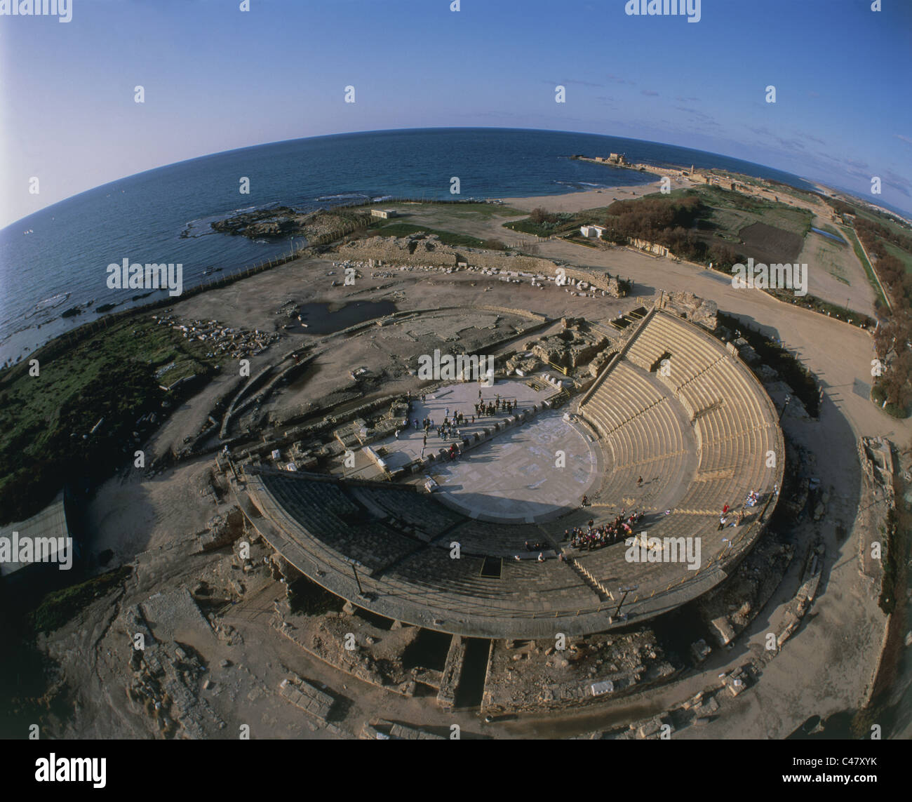 Aerial photograph of the Roman Theater in the ancient city of Caesarea ...