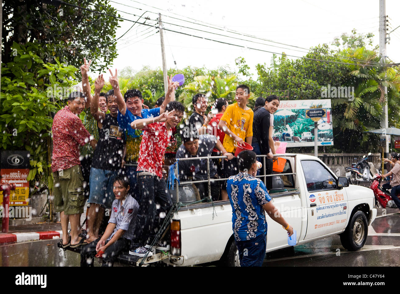 Enjoy the Songkran festival (water festival) on the pickup truck ...
