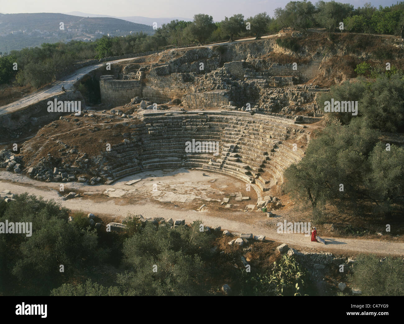 Aerial photograph of the ruins of the amphitheater in the ancient city ...