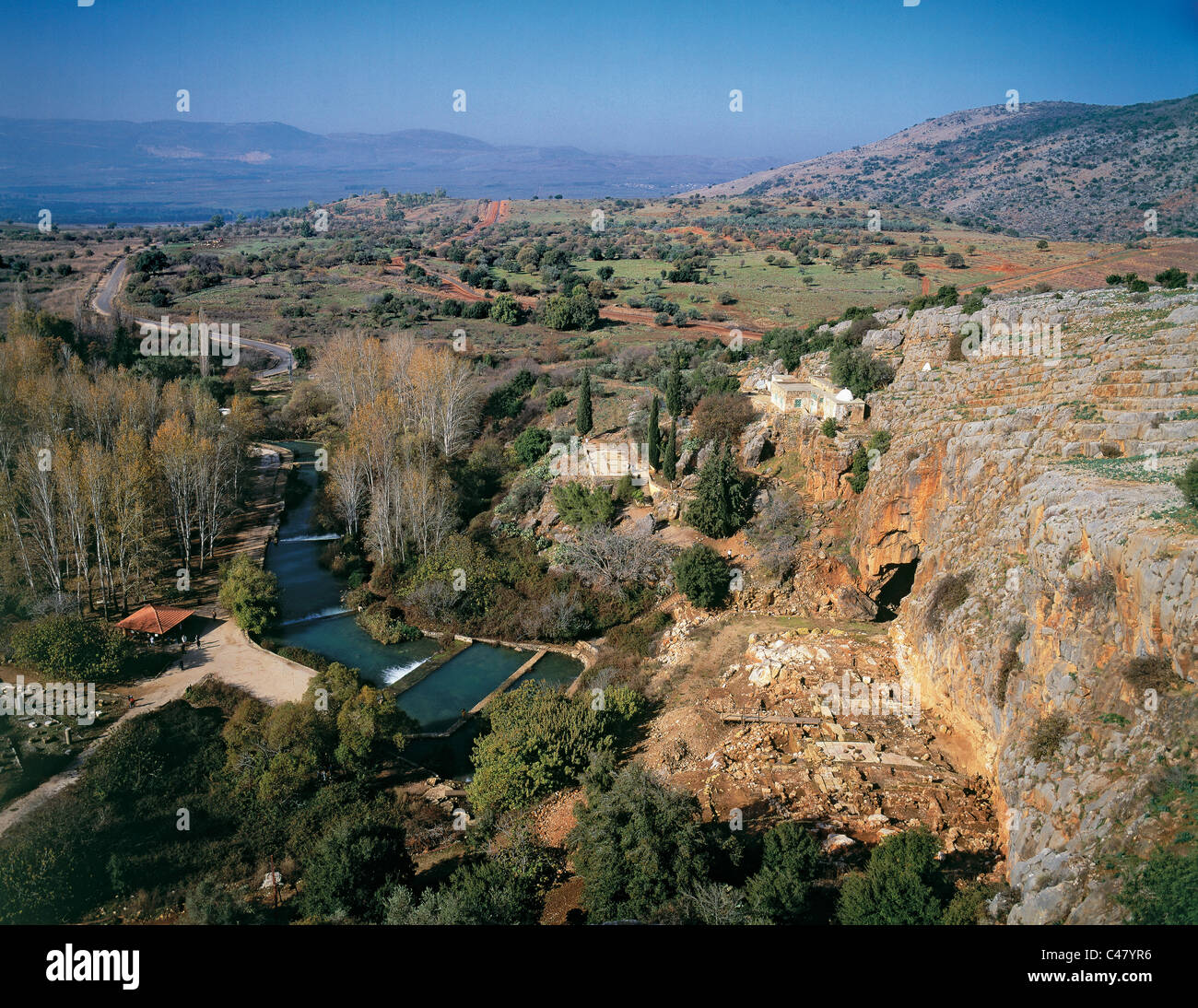 Aerial photograph of the ruins of the Roman city of Banias in the Golan ...
