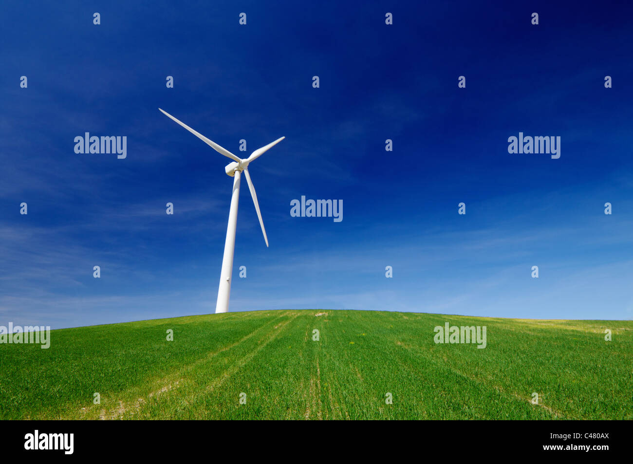 Modern windmill on a green hill with blue sky Stock Photo - Alamy