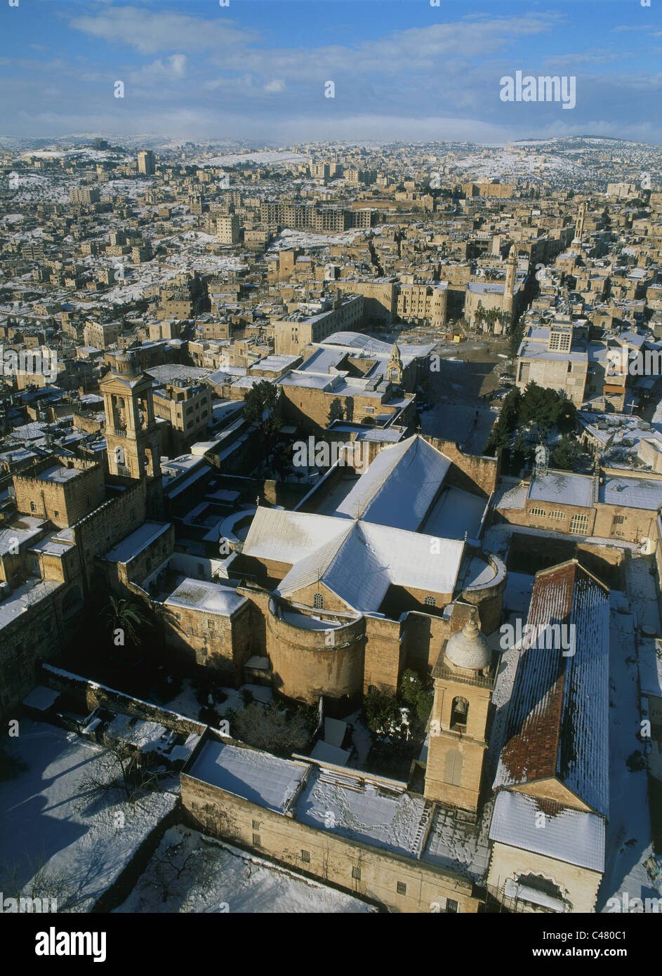 Aerial photograph of the church of nativity in the modern town of ...
