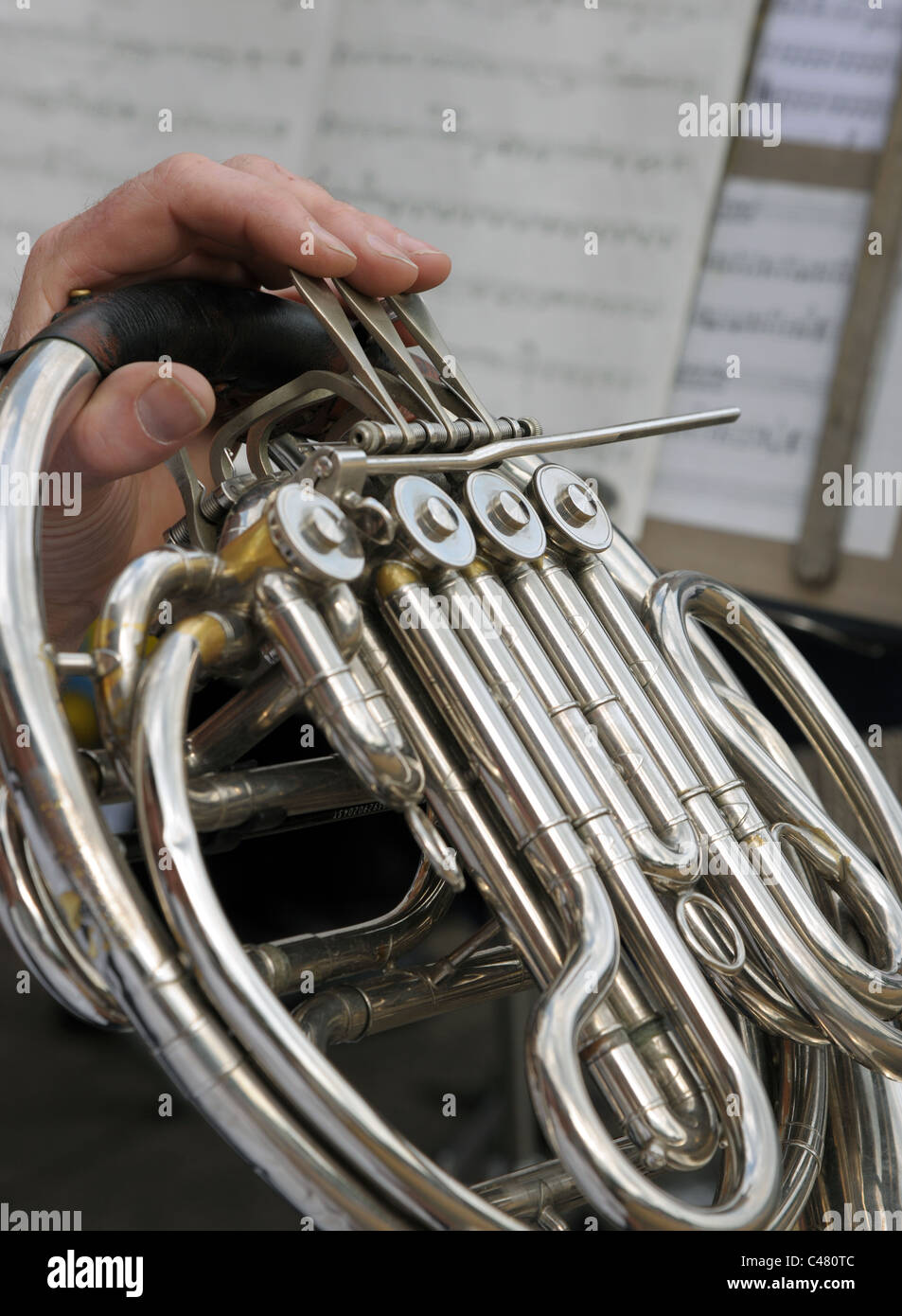 detail of a musicians fingers playing a horn Stock Photo - Alamy