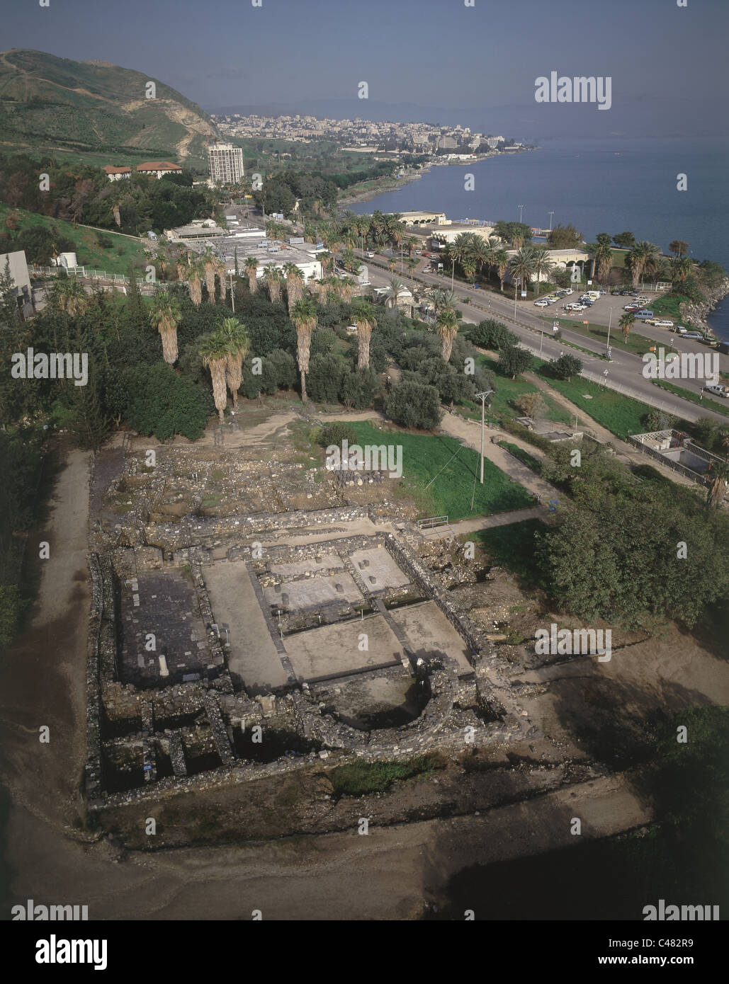 Aerial view of the ancient synagogue of Hamath Tiberias at the Sea of ...